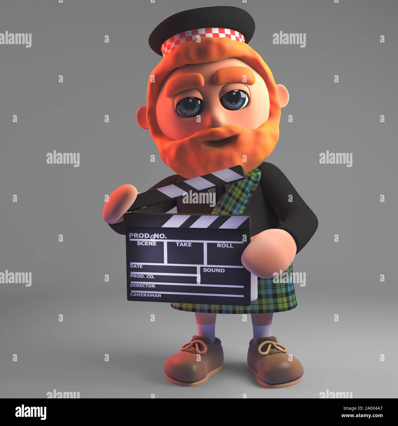 Cartoon 3d red bearded Scottish man in kilt and sporran holding a movie ...