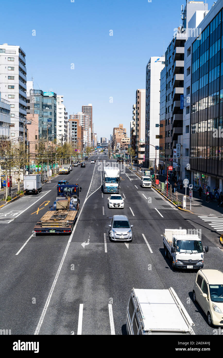 Main route, street through Sugamo town in Tokyo, Japan. View along ...