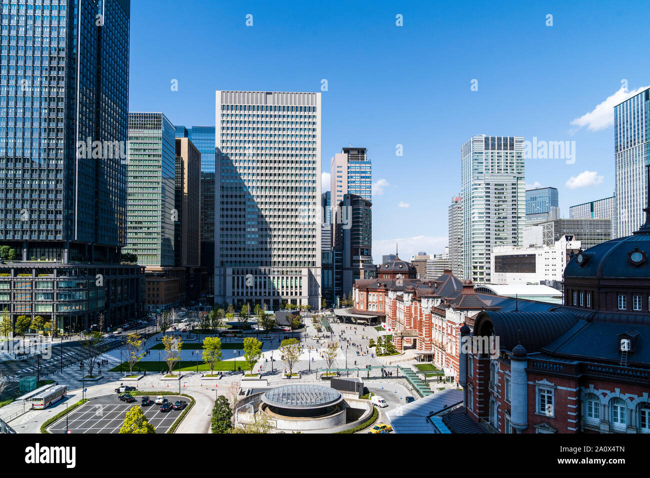 Tokyo. High angle view of the public square, red brick Tokyo station ...