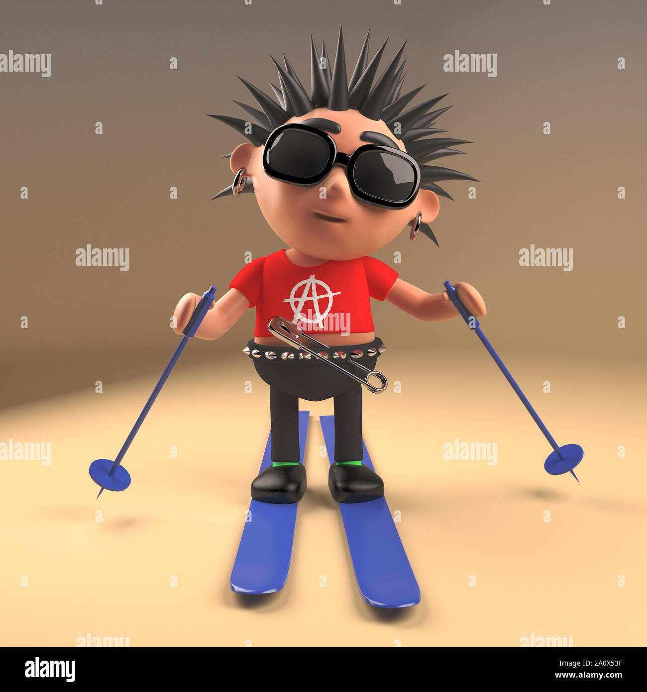 Cartoon 3d punk rock teenager with spiky hair skiing on skis, 3d ...