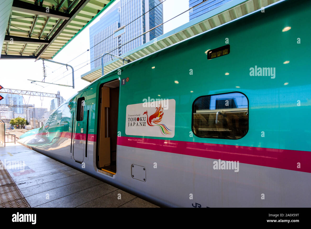 Tokyo shinkansen, bullet train, station. Platform view of East Japan E5 ...