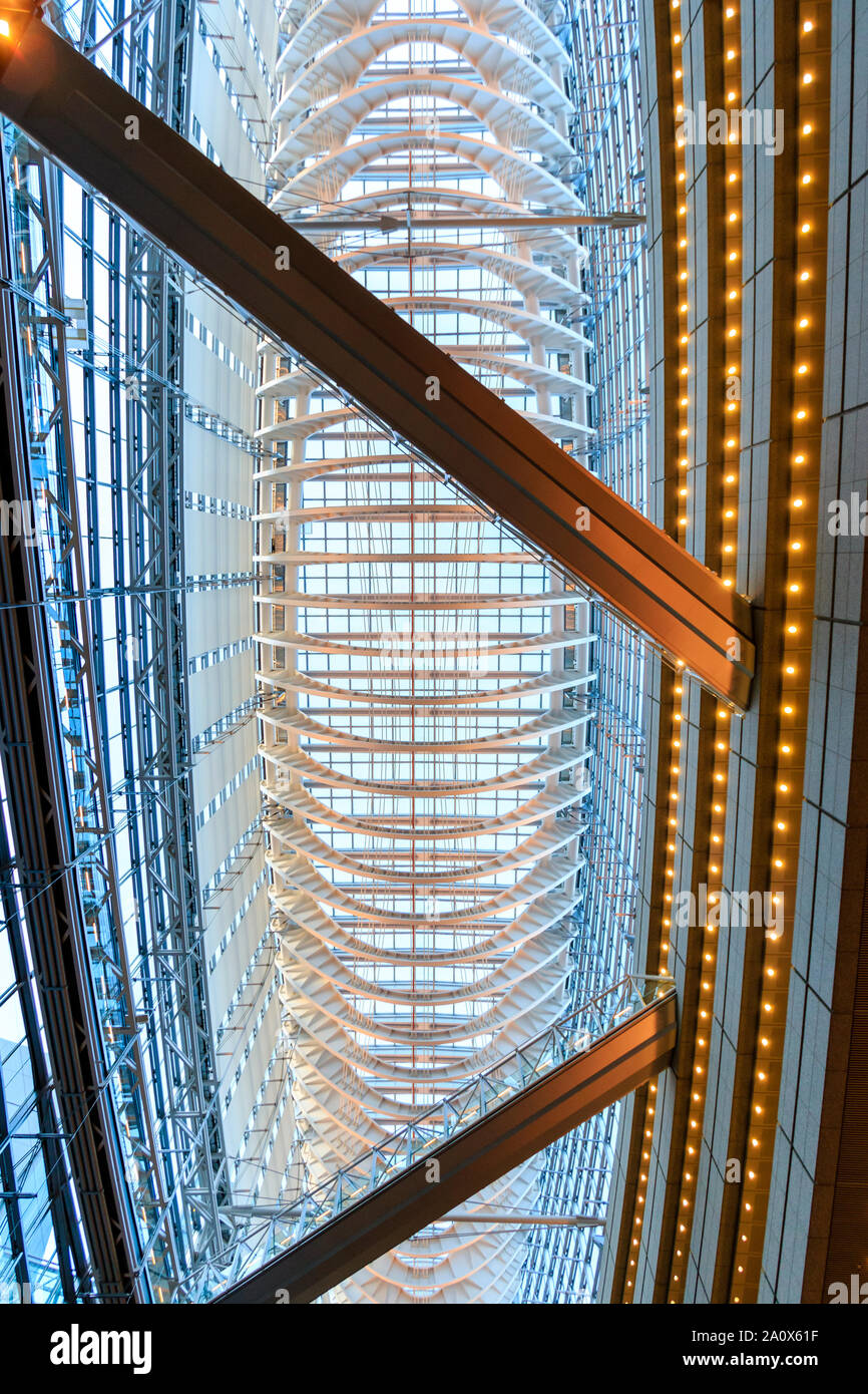 Japan, Tokyo International Forum. Interior. Glass metal framed roof ...