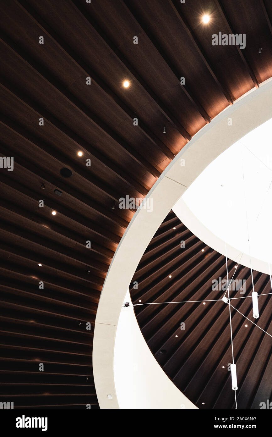 Geometric dark timber roof interior with white trim Stock Photo - Alamy