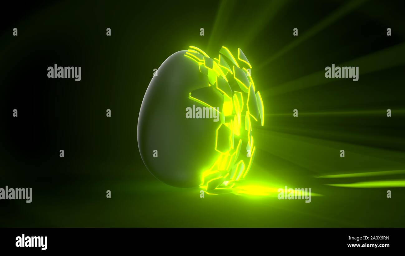 easter egg. alien egg with green glowing cracks and light rays ...