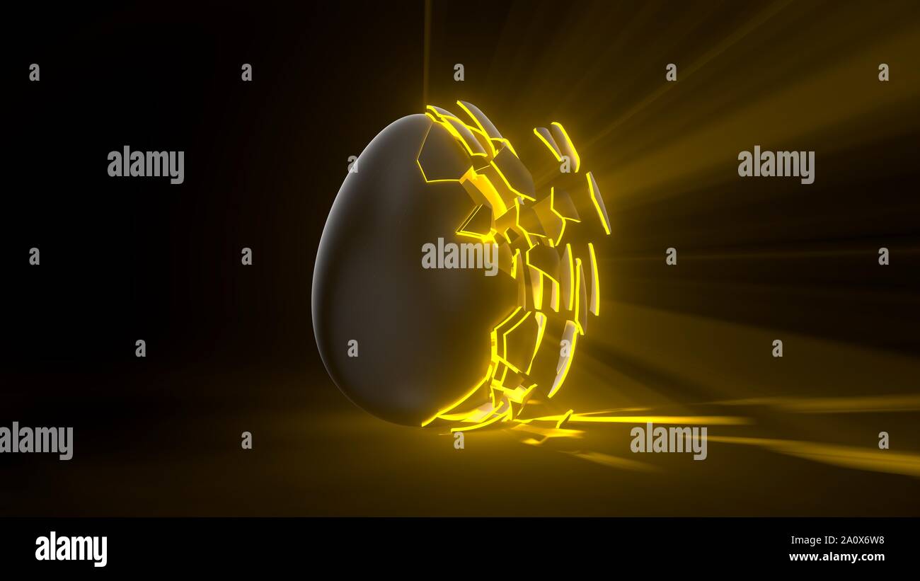 easter egg. alien egg with yellow glowing cracks and light rays ...
