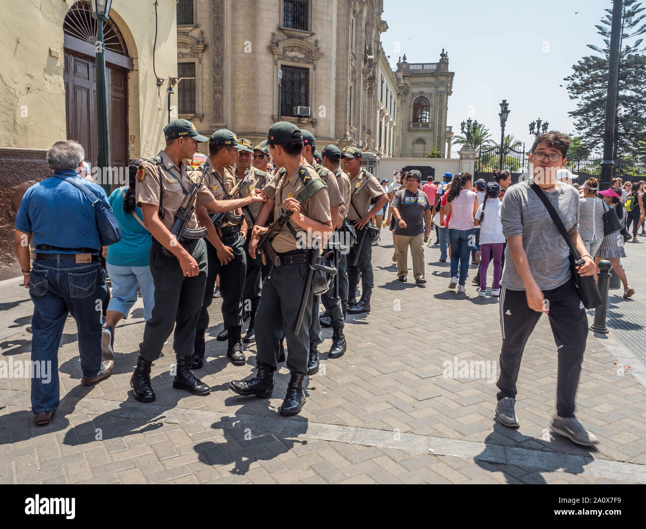 LIma, Peru - March 29, 2018: Armed riot police on the streets of Lima ...