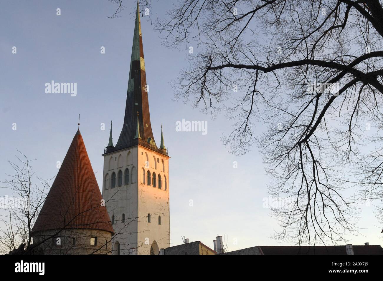 Towers of the city wall at the Old city of Tallinn in Estonia at the ...