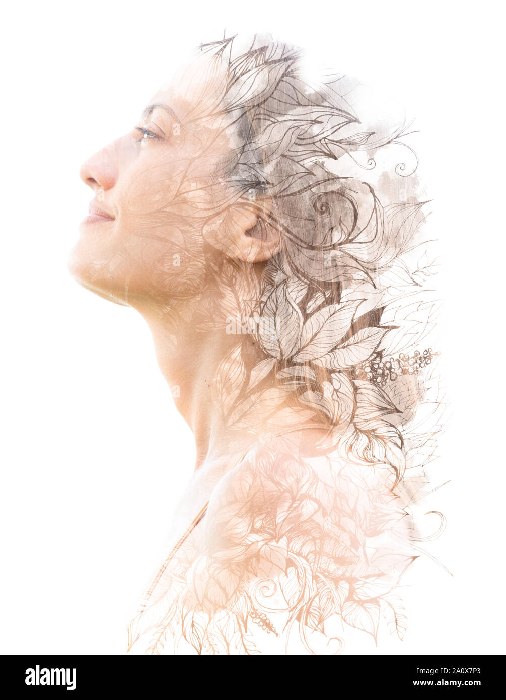 Double exposure. Paintography. Portrait of a beautiful young female ...