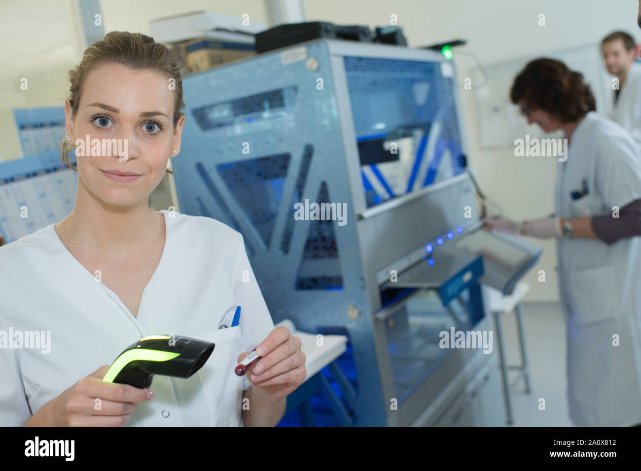 laboratory assistant analyzing a blood sample at hospital laboratory ...