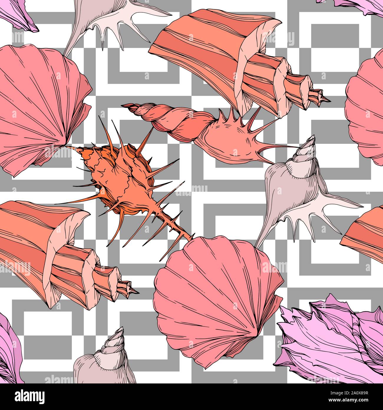 Summer beach seashell tropical elements. Engraved ink art. Seamless ...