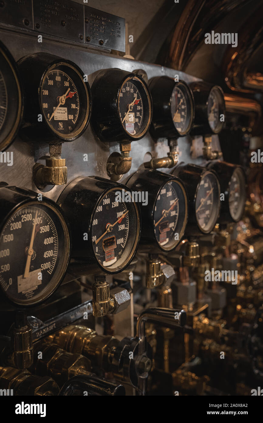Pearl Harbor, Hawaii - August 23rd 2019: Detail shot of engine dials ...