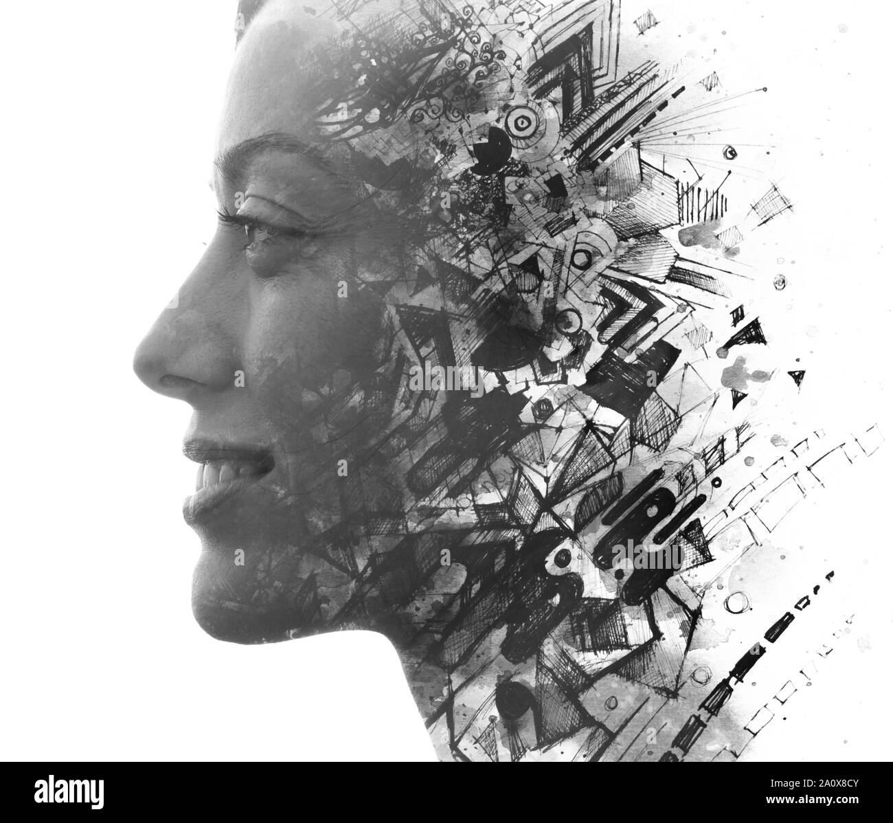 Paintography. Double exposure of woman's portrait dissolving into ...
