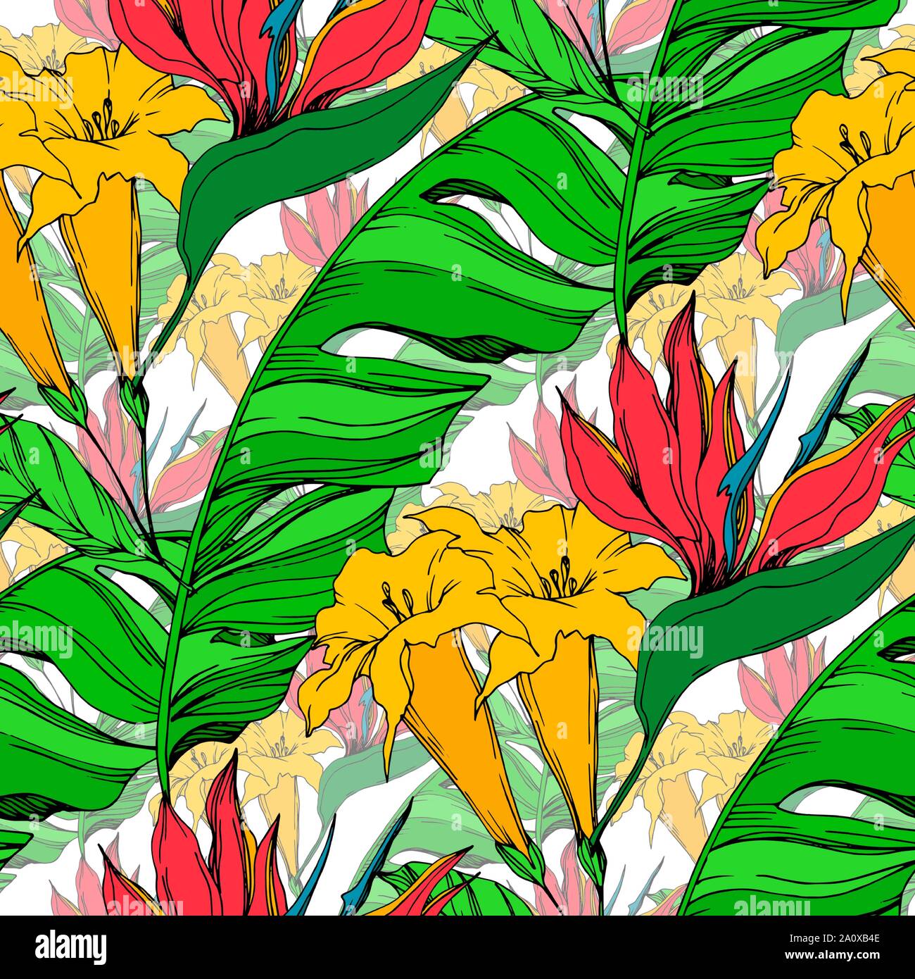 Vector Exotic tropical hawaiian summer. Palm beach tree leaves jungle botanical flowers. Black ...