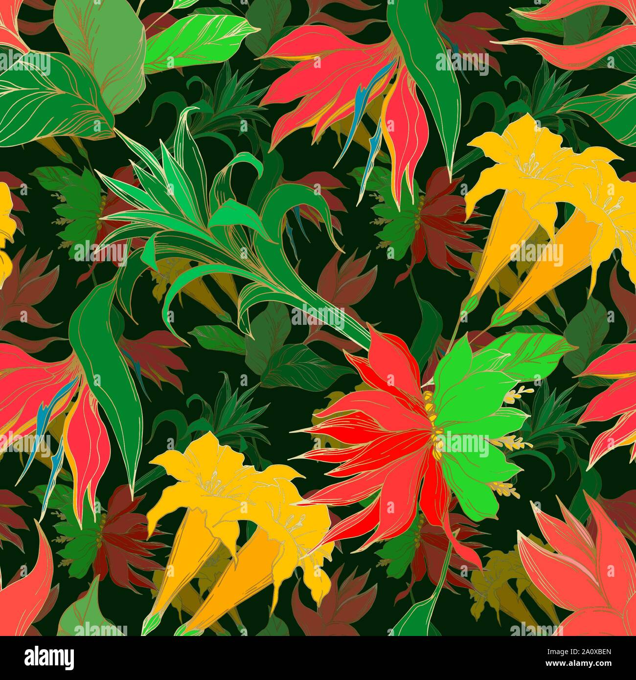 Vector Exotic tropical hawaiian summer. Palm beach tree leaves jungle botanical flowers. Black ...