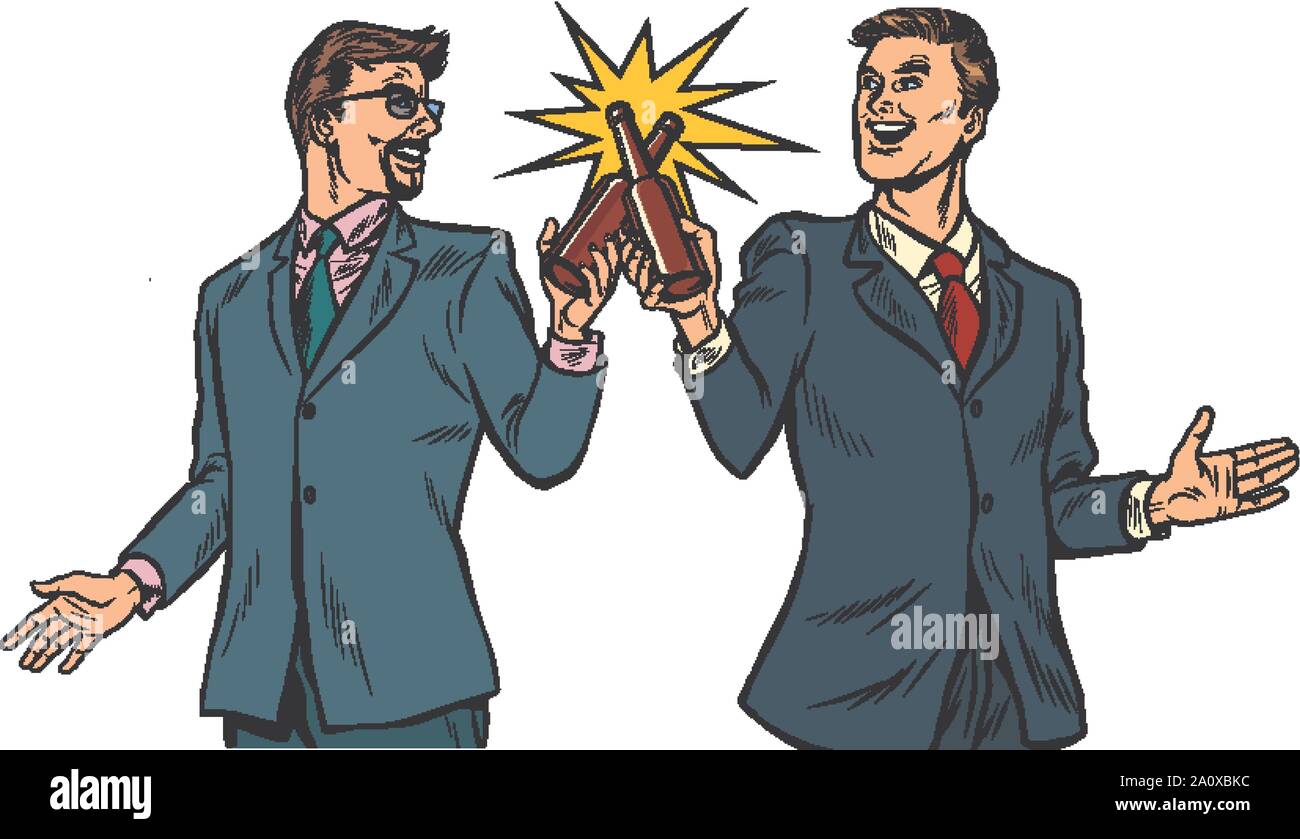 two businessman cheers bottles of beer for success. Male friendship ...