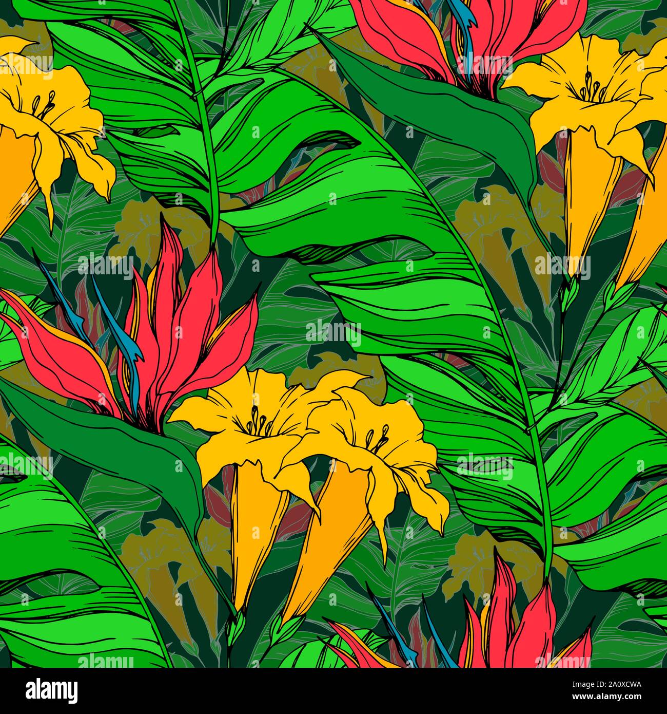 Vector Exotic tropical hawaiian summer. Palm beach tree leaves jungle botanical flowers. Black ...