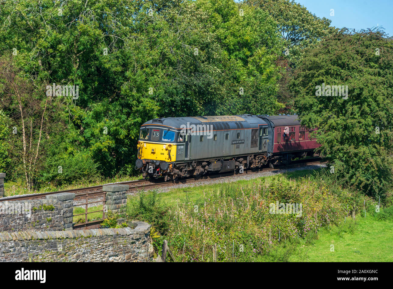 Restored diesel locomotive Captain Bill Smith RNR hauls a train at ...