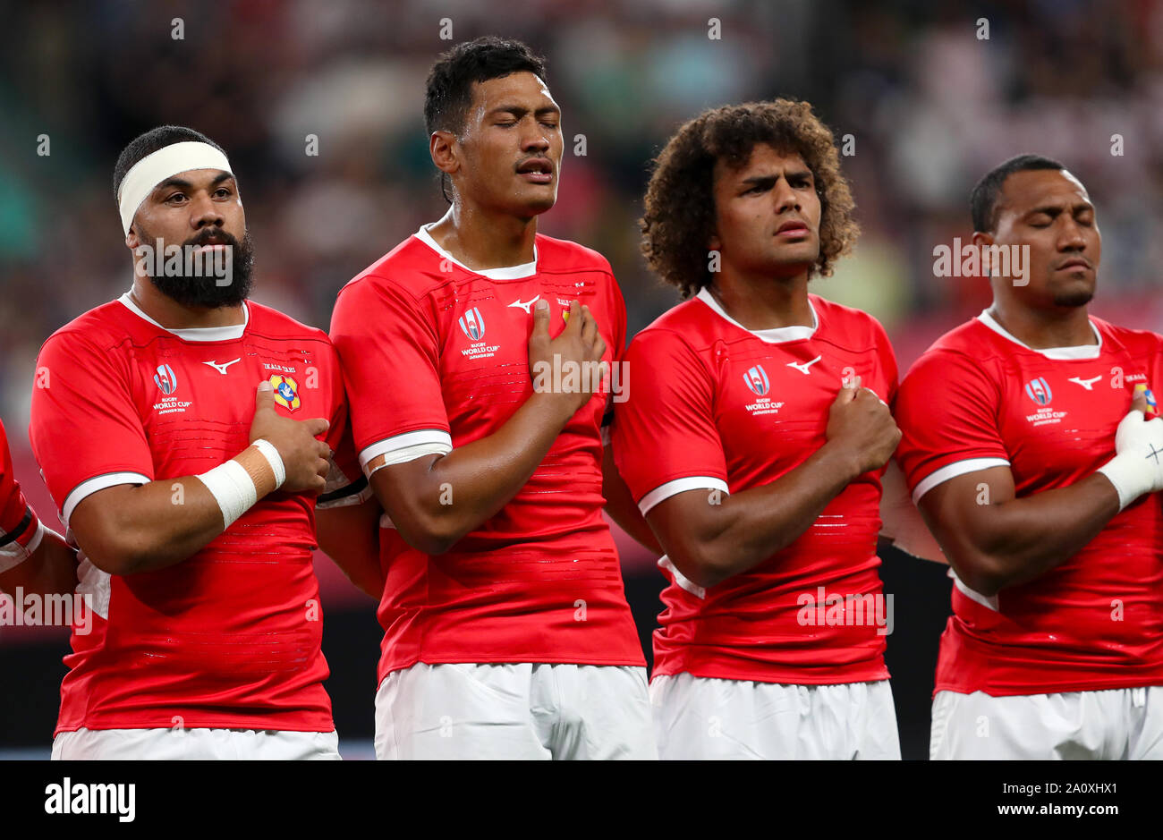 Tonga players line up ahead of the 2019 Rugby World Cup Pool C match at ...
