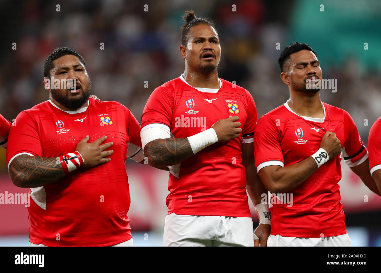 Tonga players line up ahead of the 2019 Rugby World Cup Pool C match at ...