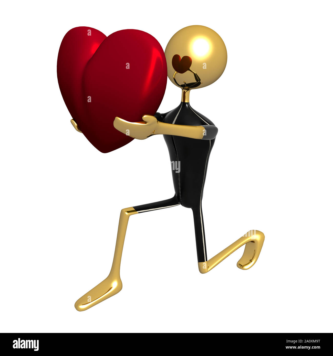 Golden guy with red heart in love (3D Illustration Stock Photo - Alamy
