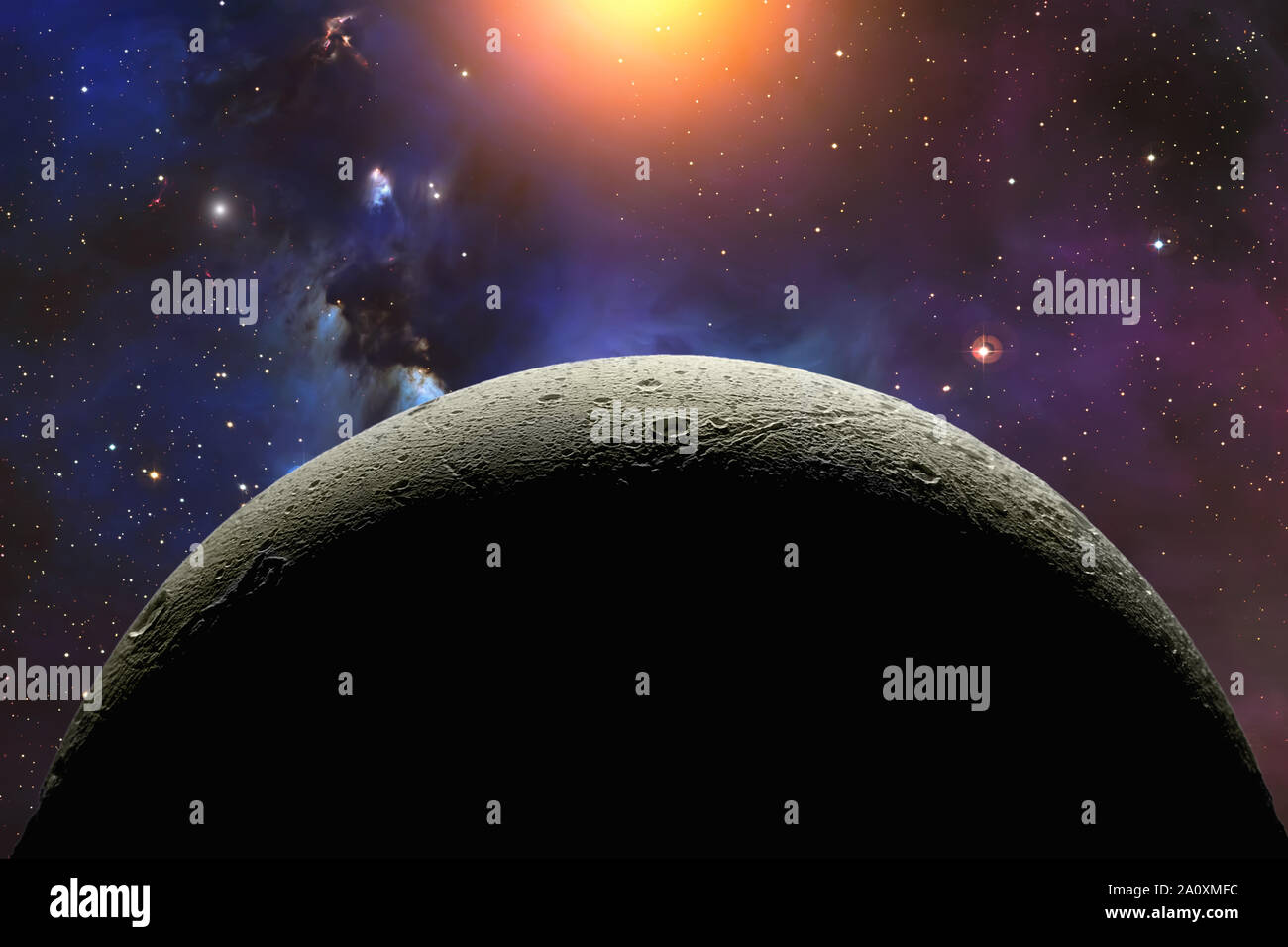 Rocky moon in outer space with star field and nebula. Futuristic ...