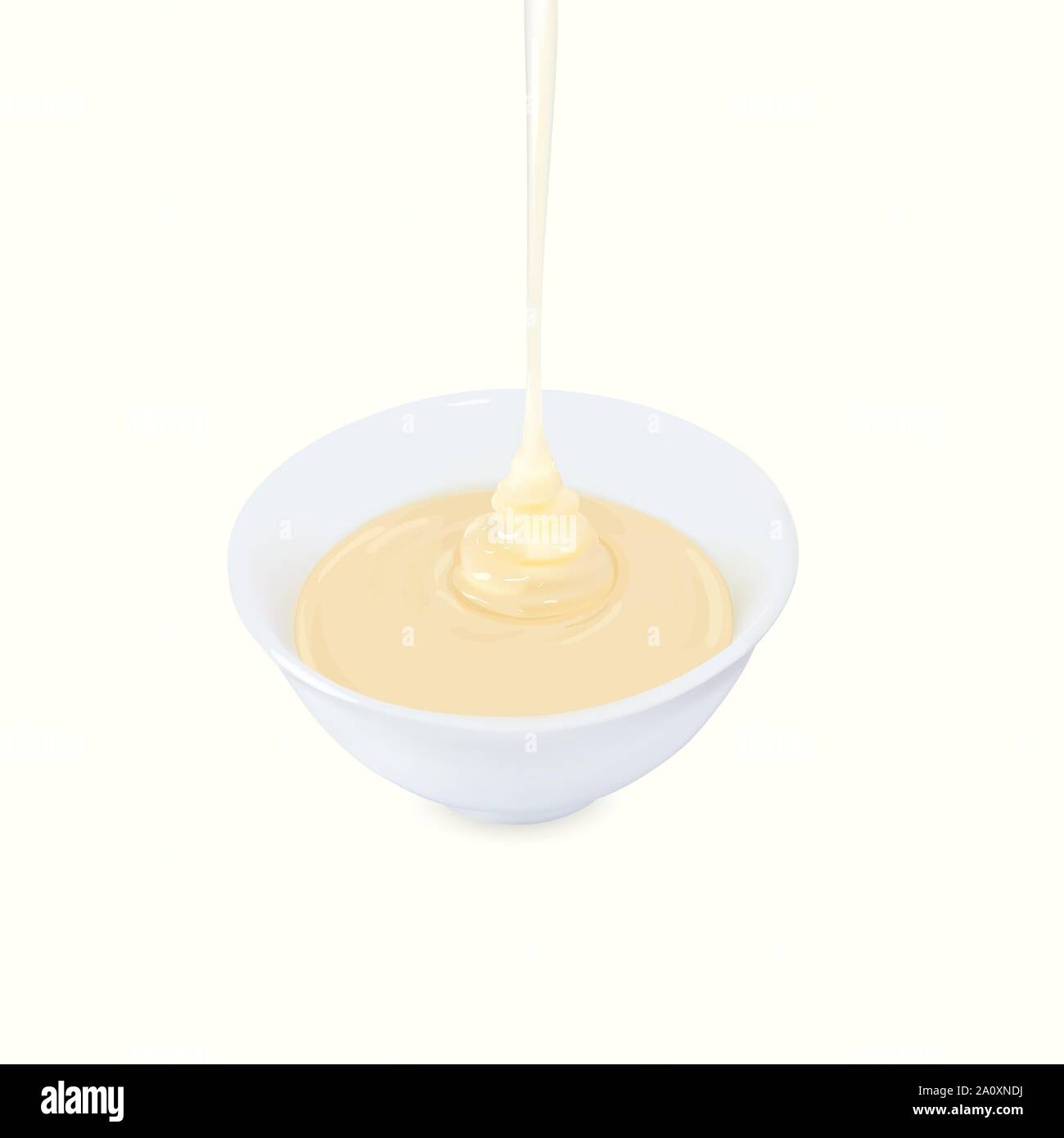 Pouring condensed milk with sugar in a bowl on white background. vector ...