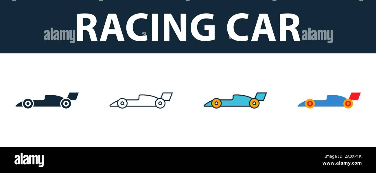 Racing Car icon set. Four simple symbols in diferent styles from sport ...
