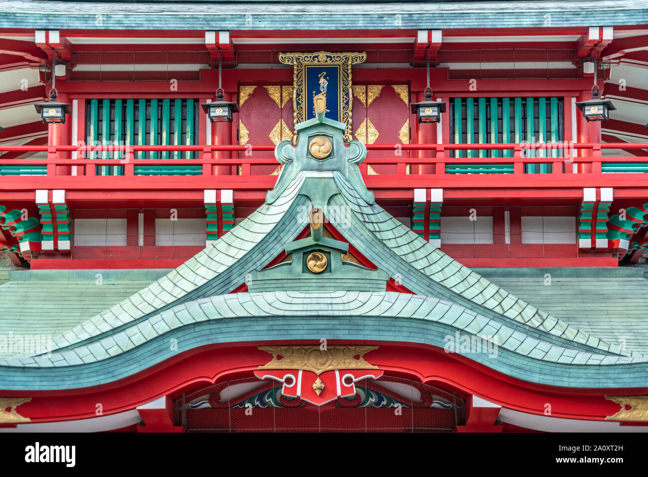 Details of beautiful Honden (Main Hall) of Tomioka Hachiman-gu Shinto ...