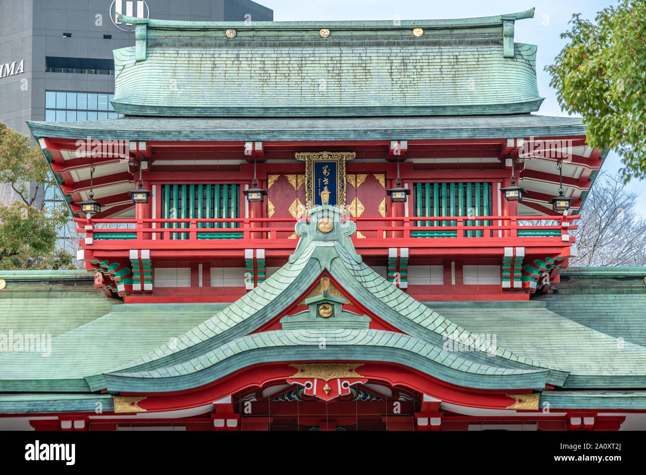 Details of beautiful Honden (Main Hall) of Tomioka Hachiman-gu Shinto ...