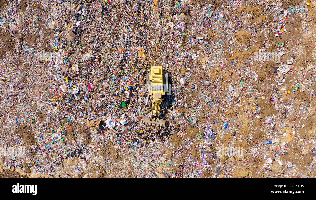 Top down aerial image of a Municipal Solid waste Landfill during ...