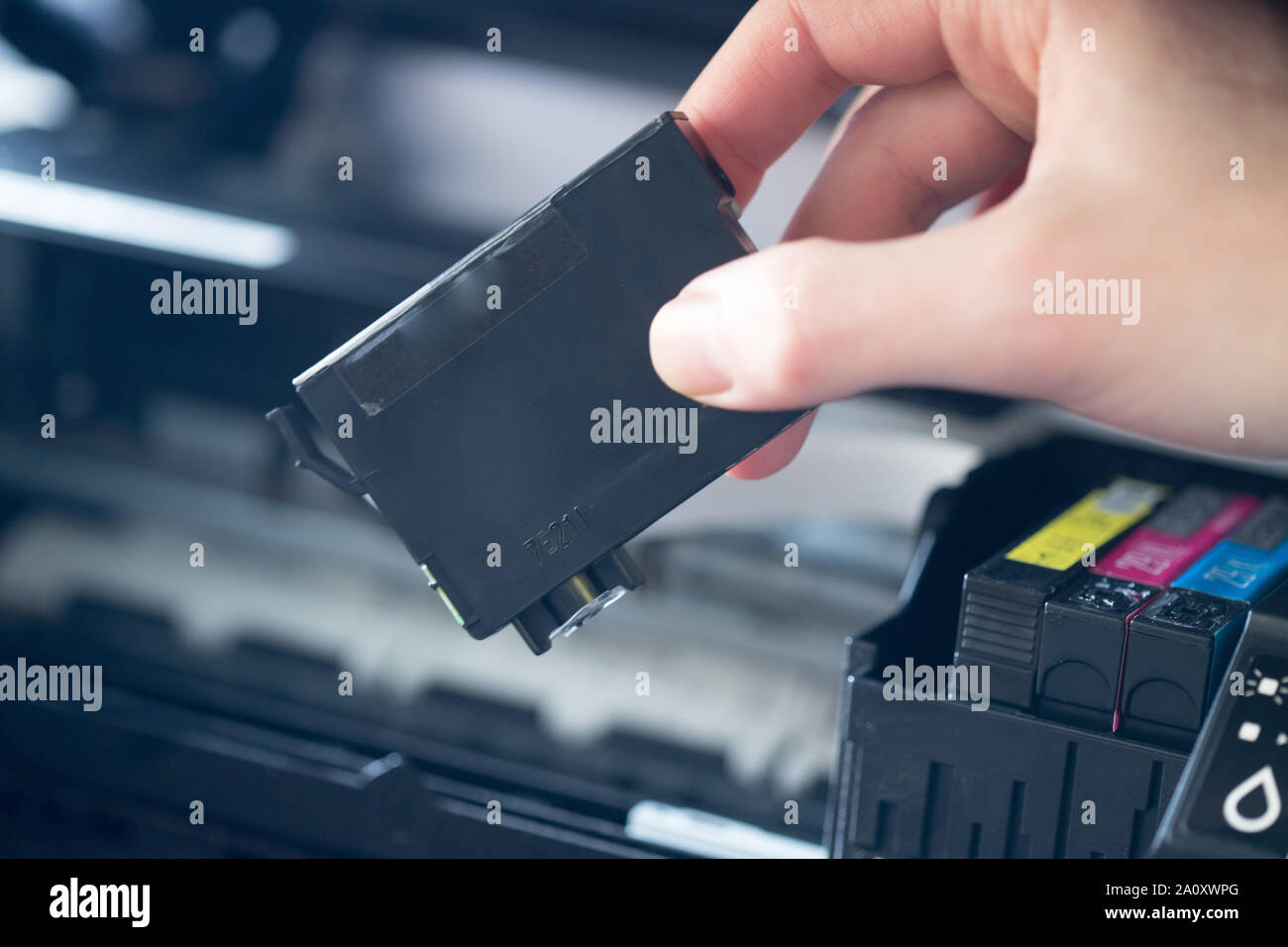 Putting new printer cartridge into the printer, inkjet Stock Photo - Alamy