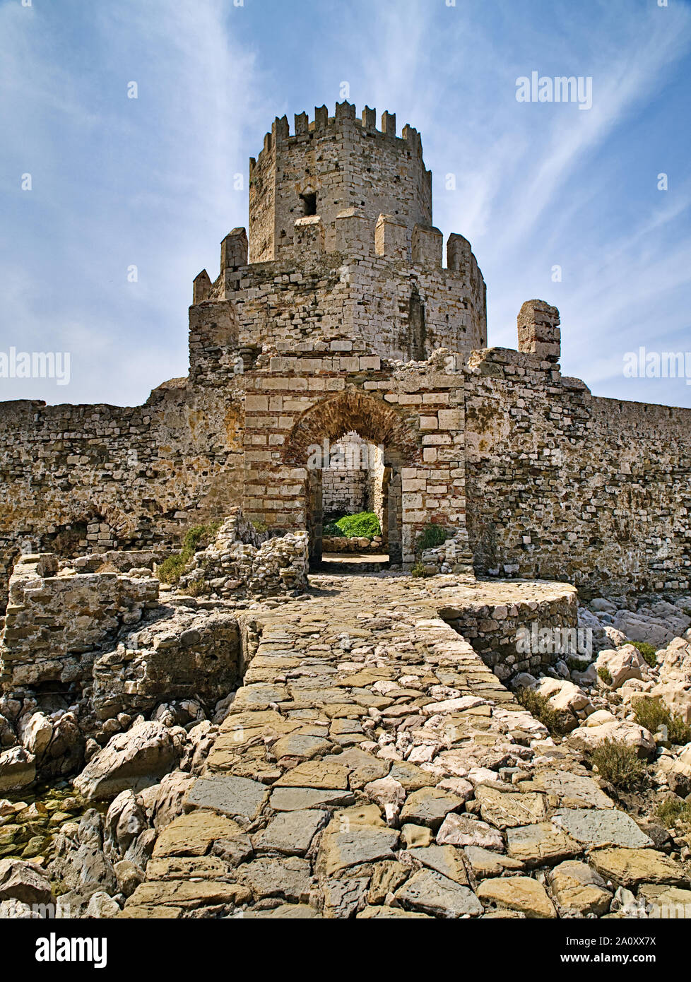 Impressive three-tiered watchtower in the Venetian fort castle of ...