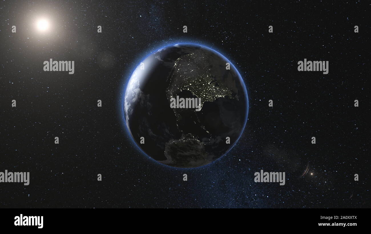 Realistic Earth, rotating in space against the background of the starry ...