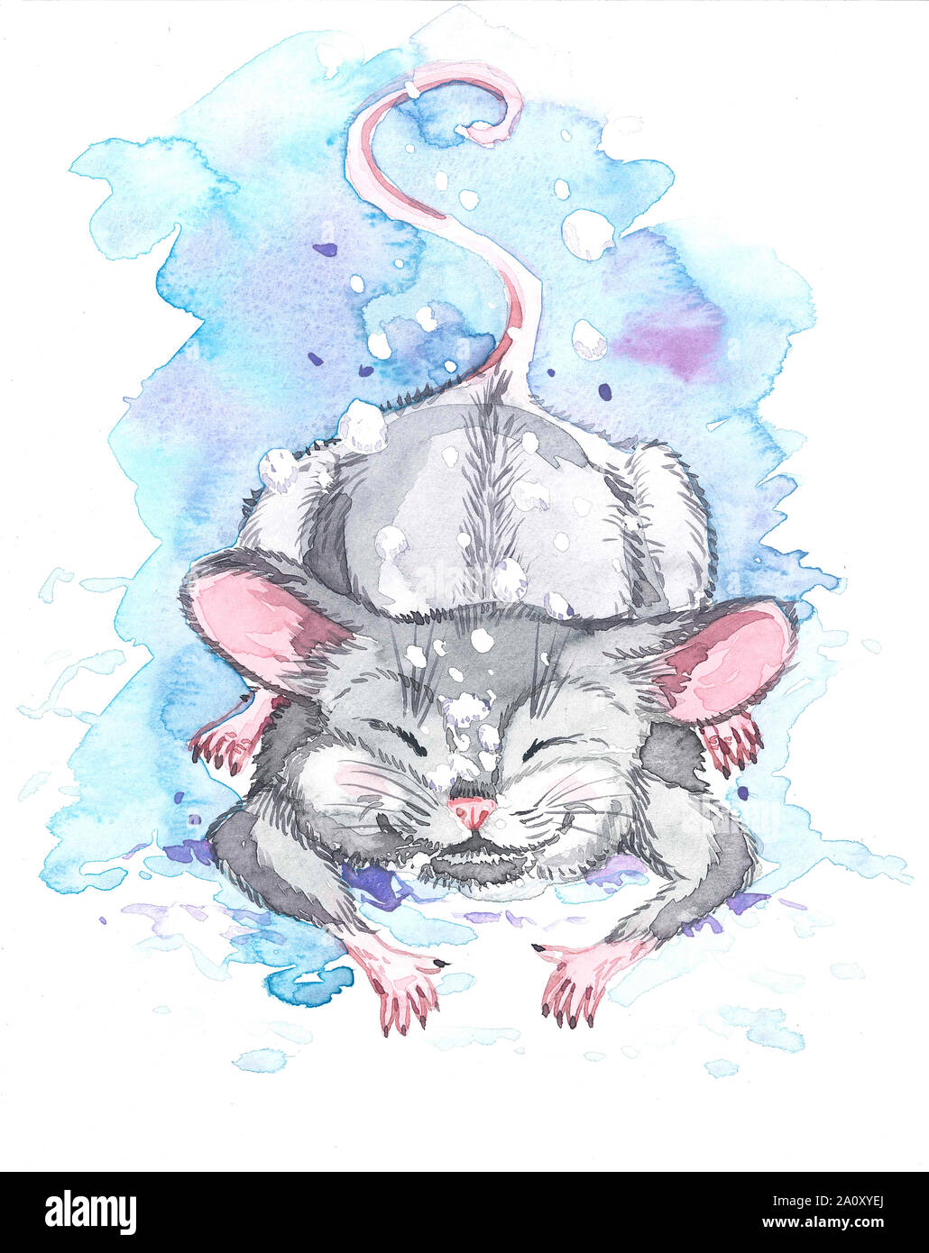 Christmas watercolor mouse. New Year, postman, symbol of the year, 2020 ...
