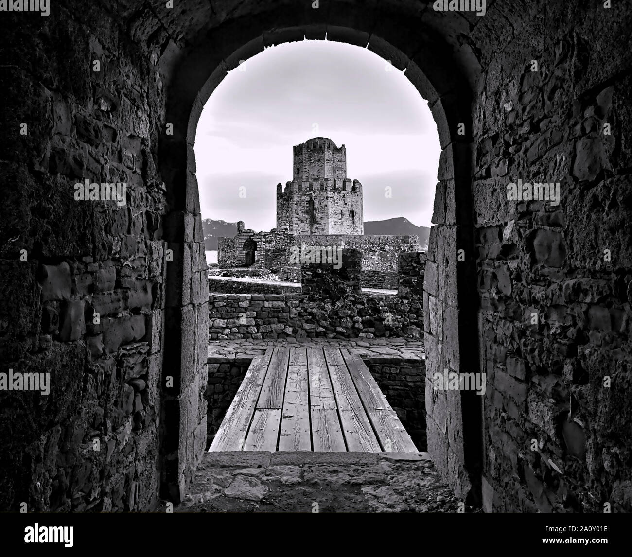 Entrance to wooden bridge and impressive three-tiered fortified ...