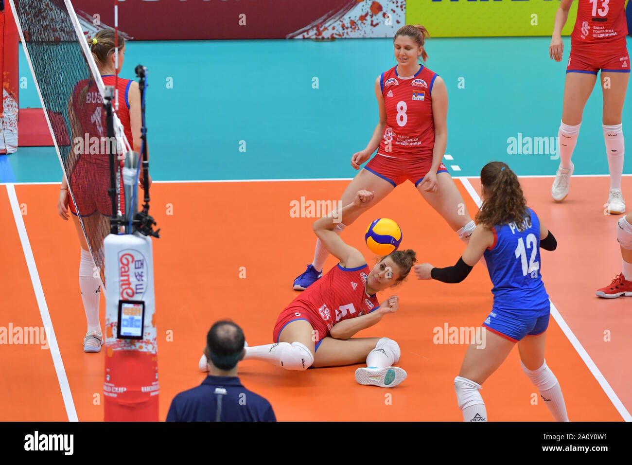 Toyama, Japan. 22nd Sep, 2019. Mina Popovic (bottom) of Serbia saves ...