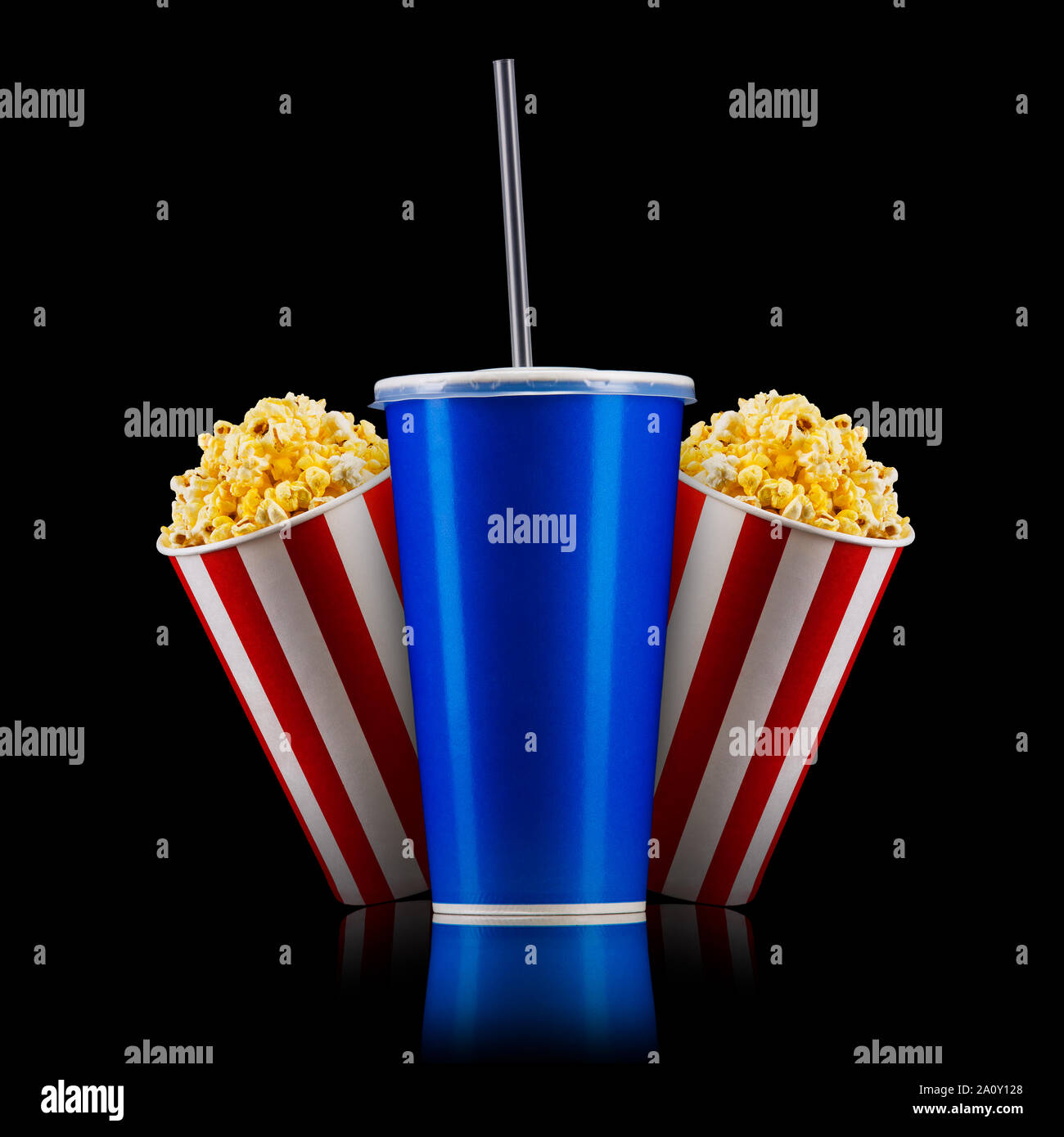 Paper striped bucket with popcorn and cup of soft drink isolated on ...