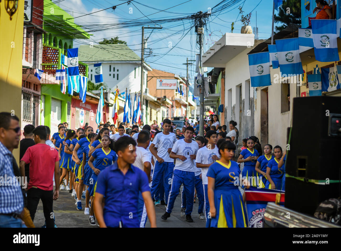 Hispanic cheerleaders marching in latin independence day parade in ...
