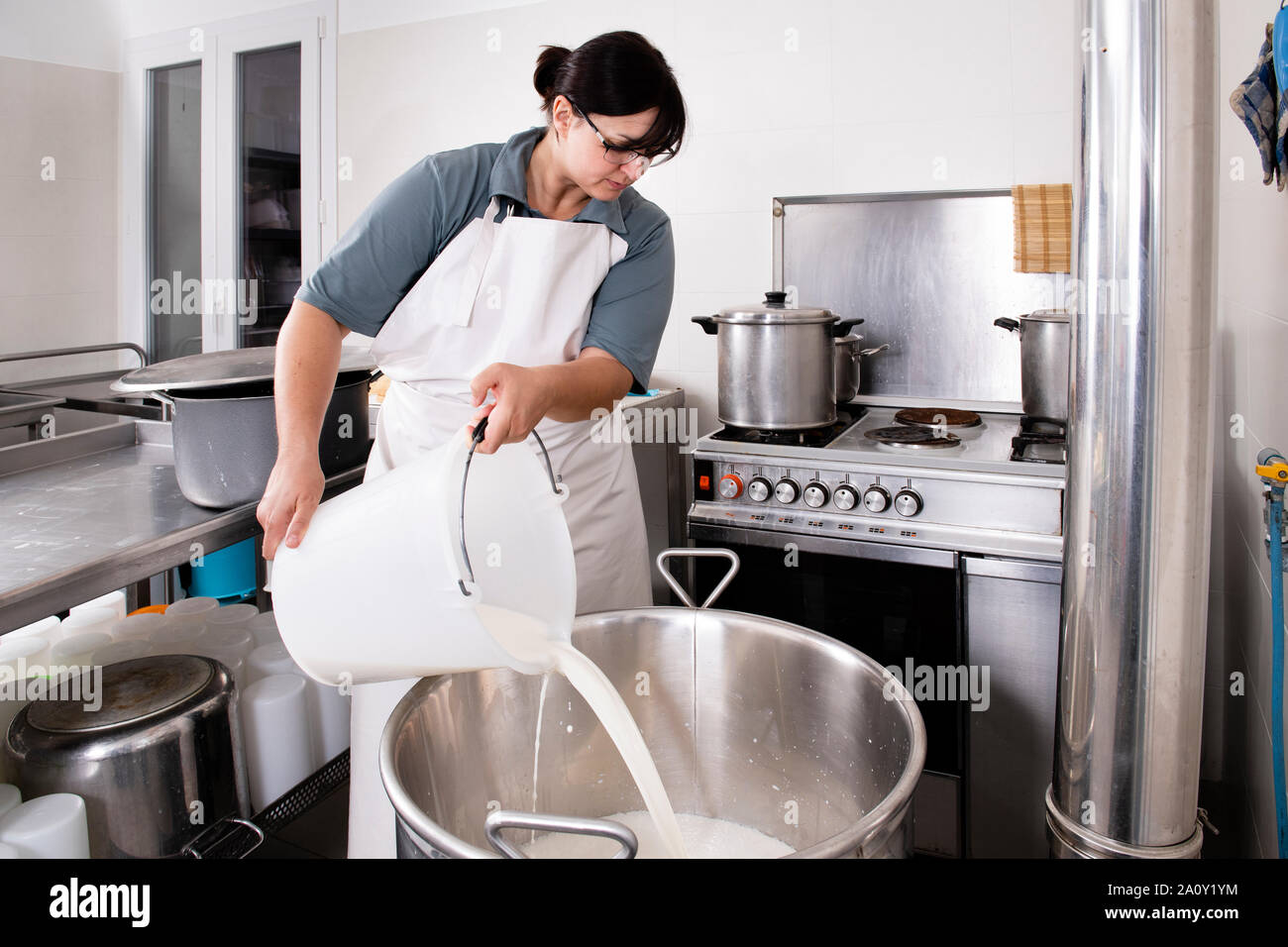 Cheese Maker pours milk into a steel container to boil it Stock Photo ...