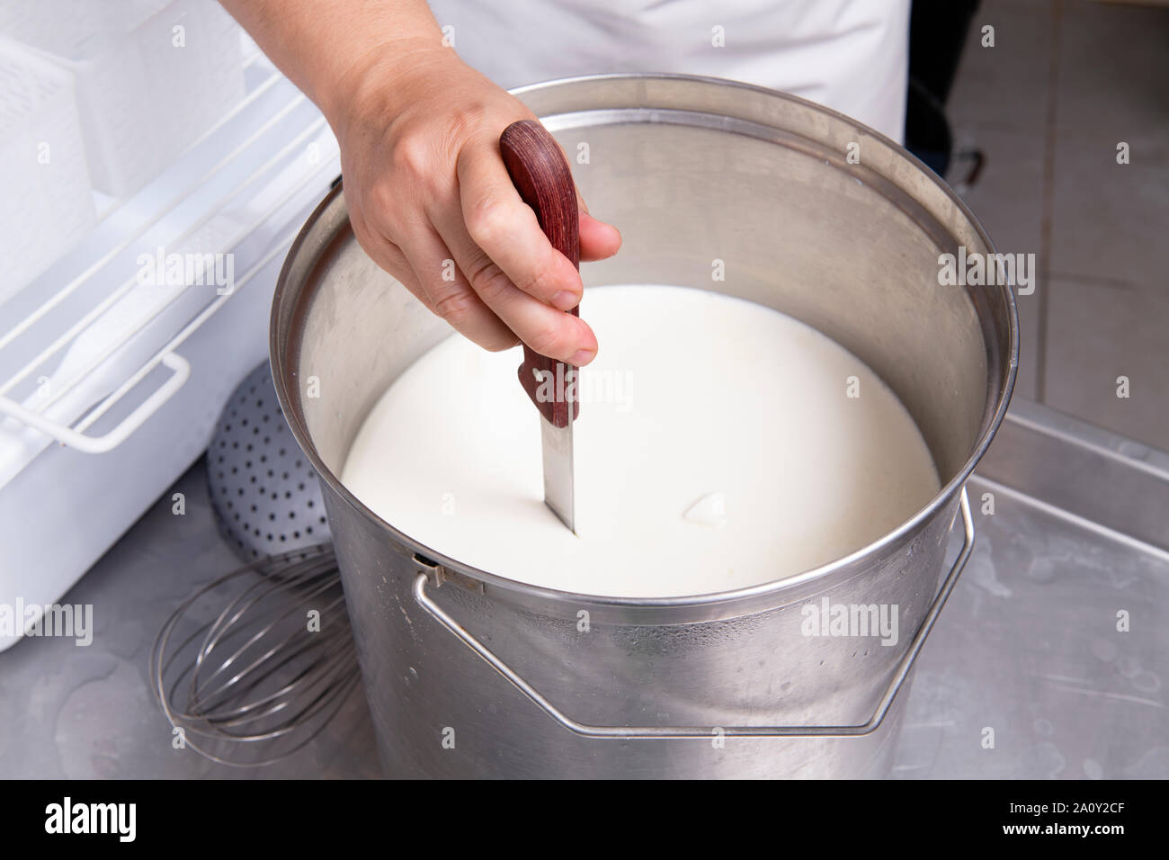 Cheesemaker cuts curdled milk with a knife Stock Photo - Alamy