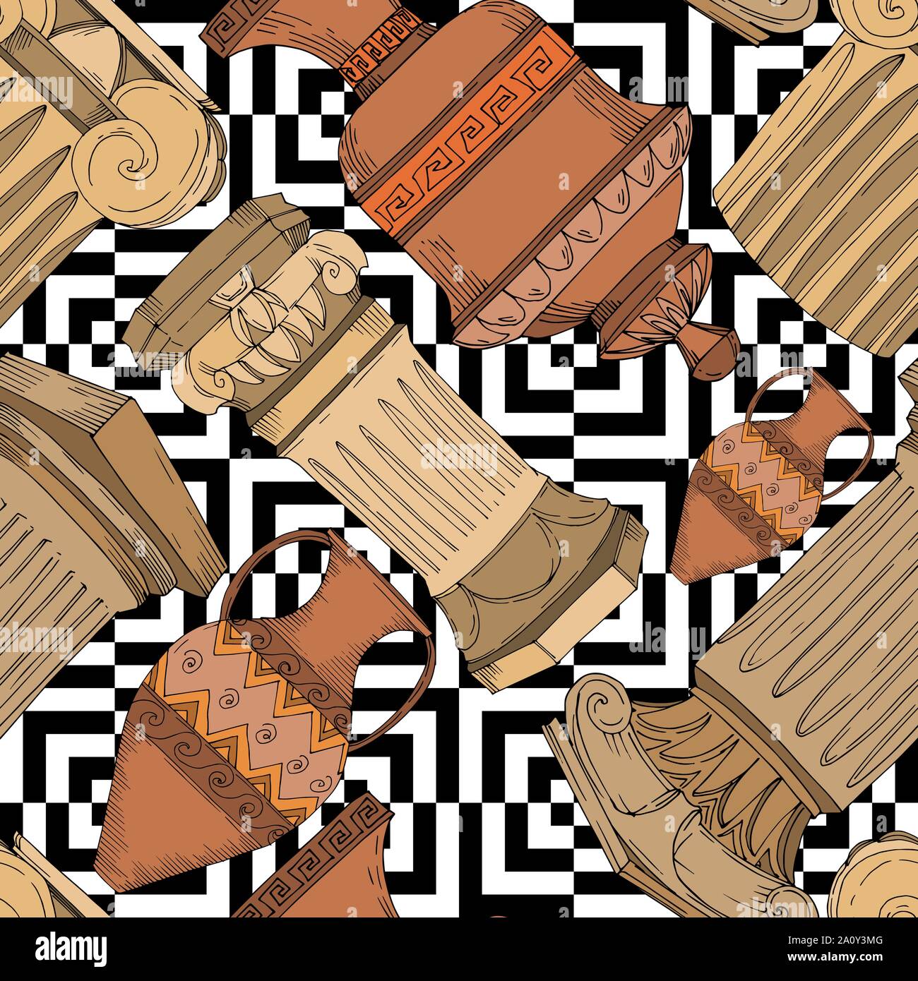 Vector Antique greek amphoras and columns. Black and white engraved ink ...