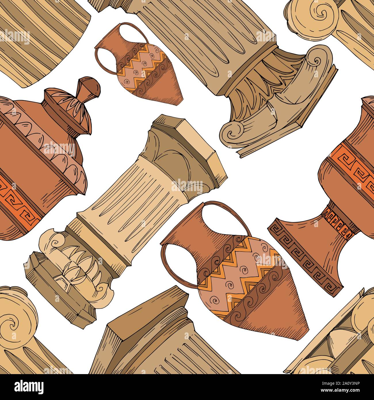 Vector Antique greek amphoras and columns. Black and white engraved ink ...