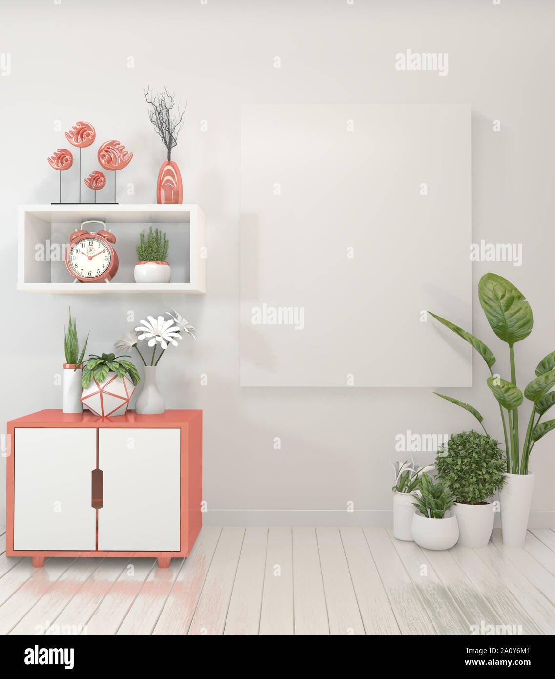 Mock up room interior concept poster frames and modern cabinet in ...