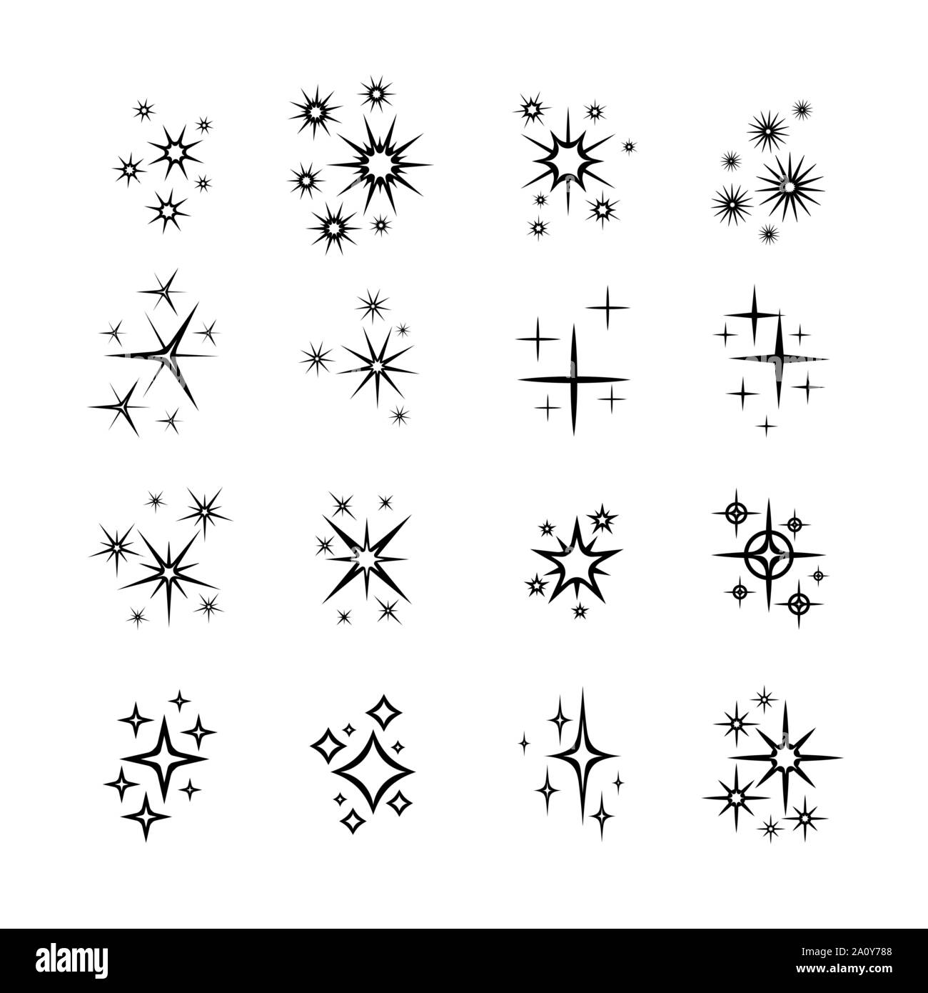 Set of vector star, sparkle icons. Collection of bright fireworks, twinkles, shiny flash ...