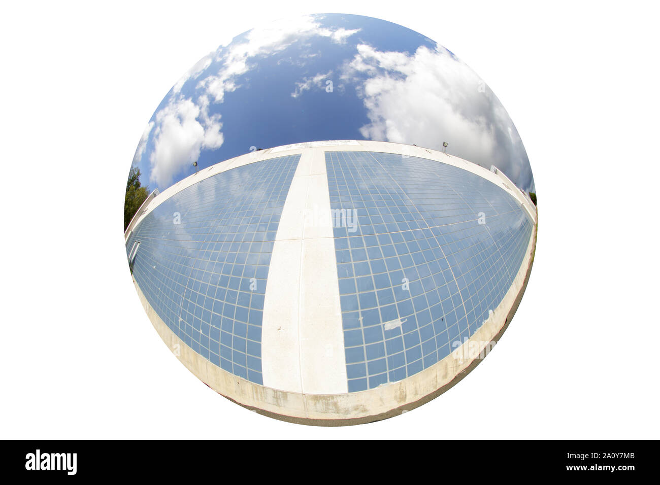 A building covered with blue tiles in round fish eye image. Frames ...