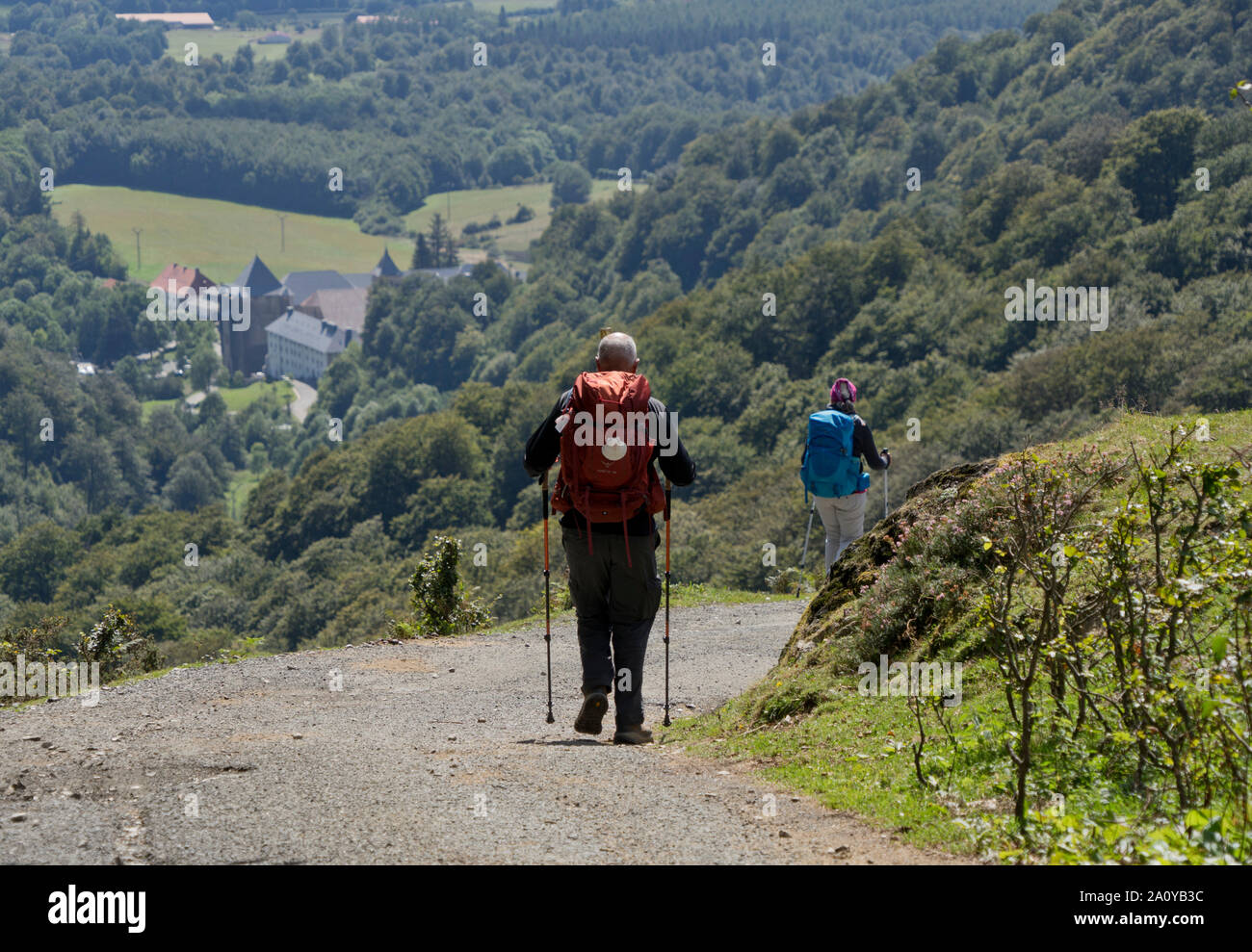 Christian pilgrims walking at Camino de Santiago (St. James' Way) route ...
