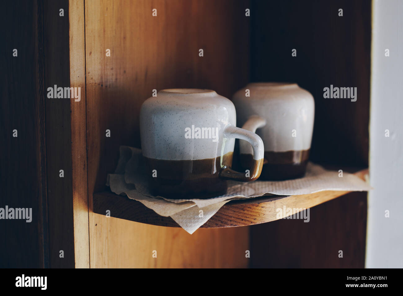 Vintage Coffee Cups on Shelf Stock Photo - Alamy
