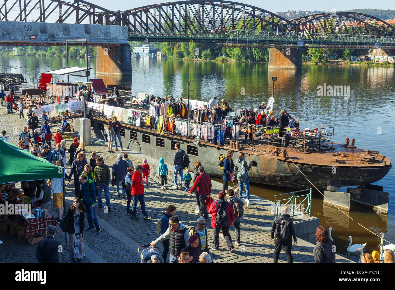 PRAGUE - September 21: Flea market on the deck of a boat at Naplavka ...