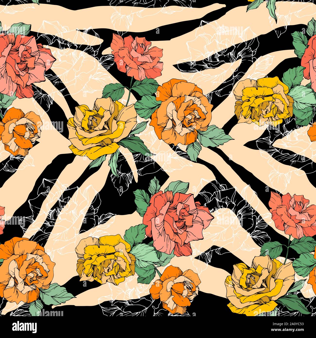 Vector Exotic Zebra print with floral botanical flowers. Black and ...