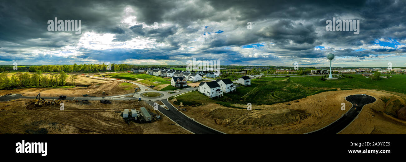 Aerial view of a new neighborhood construction site with lots assigned but not built yet in the ...